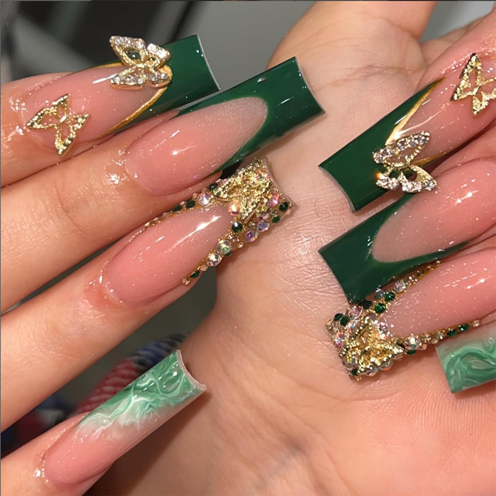 Amazon.com: Foccna French Press on Nails Pink Medium Long Rhinestone ...