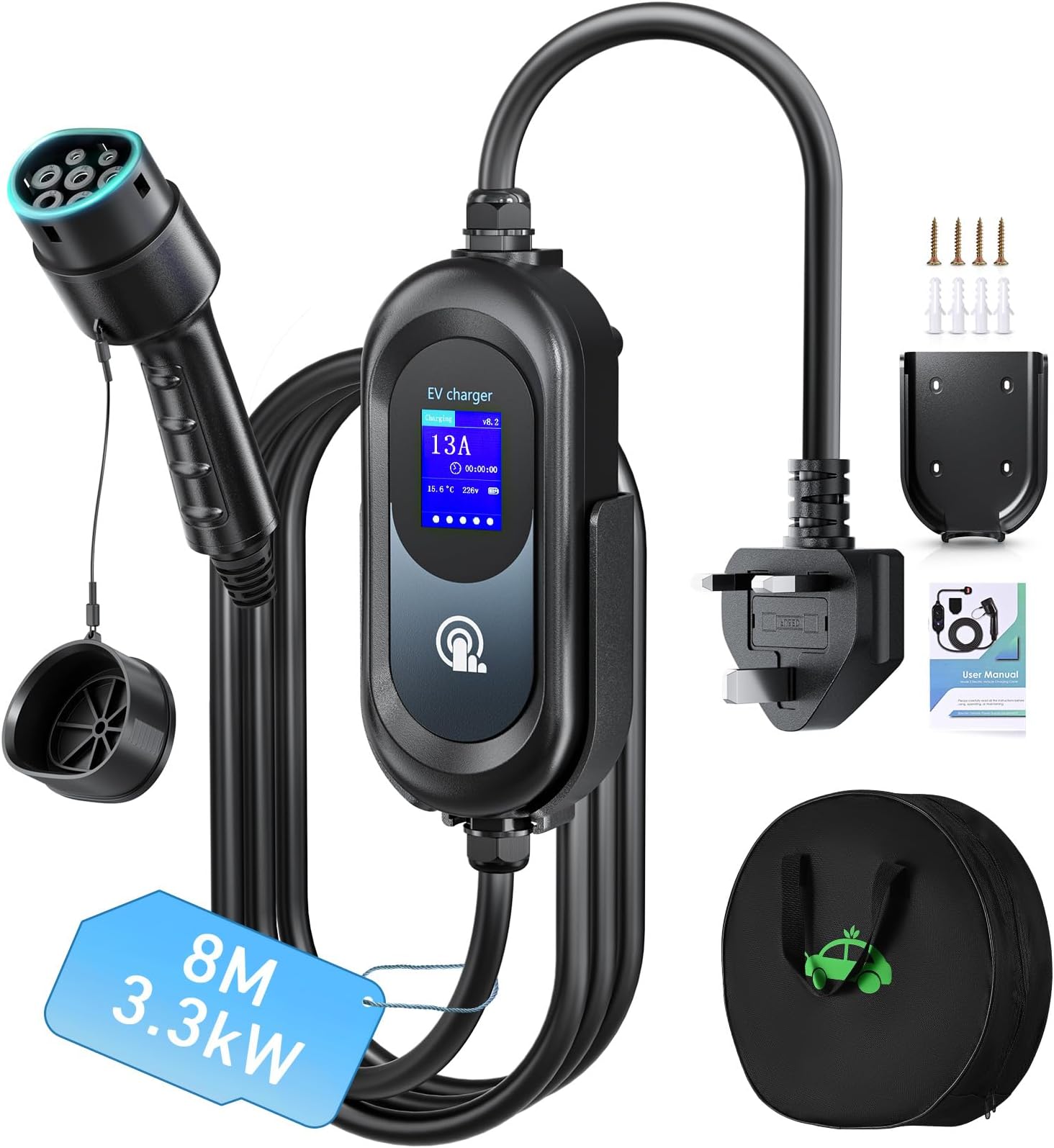 EV Charger Type 2 to 3 Pin 8M, 6/8/10/13A Adjustable, 12 Hours Delay ...