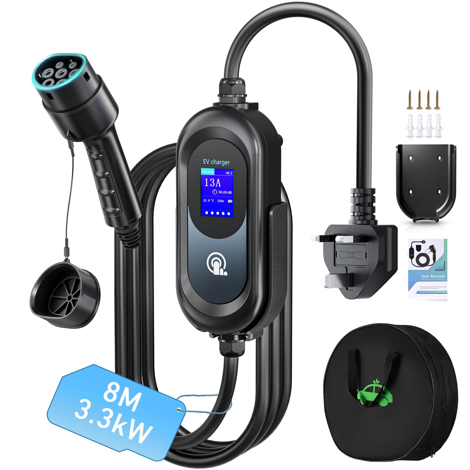 EV Charger Type 2 to 3 Pin 8M, 6/8/10/13A Adjustable, 12 Hours Delay ...