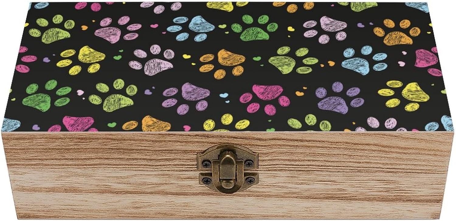 Amazon.com: Wooden Storage Box,Rainbow Dog Paws Print Decorative ...