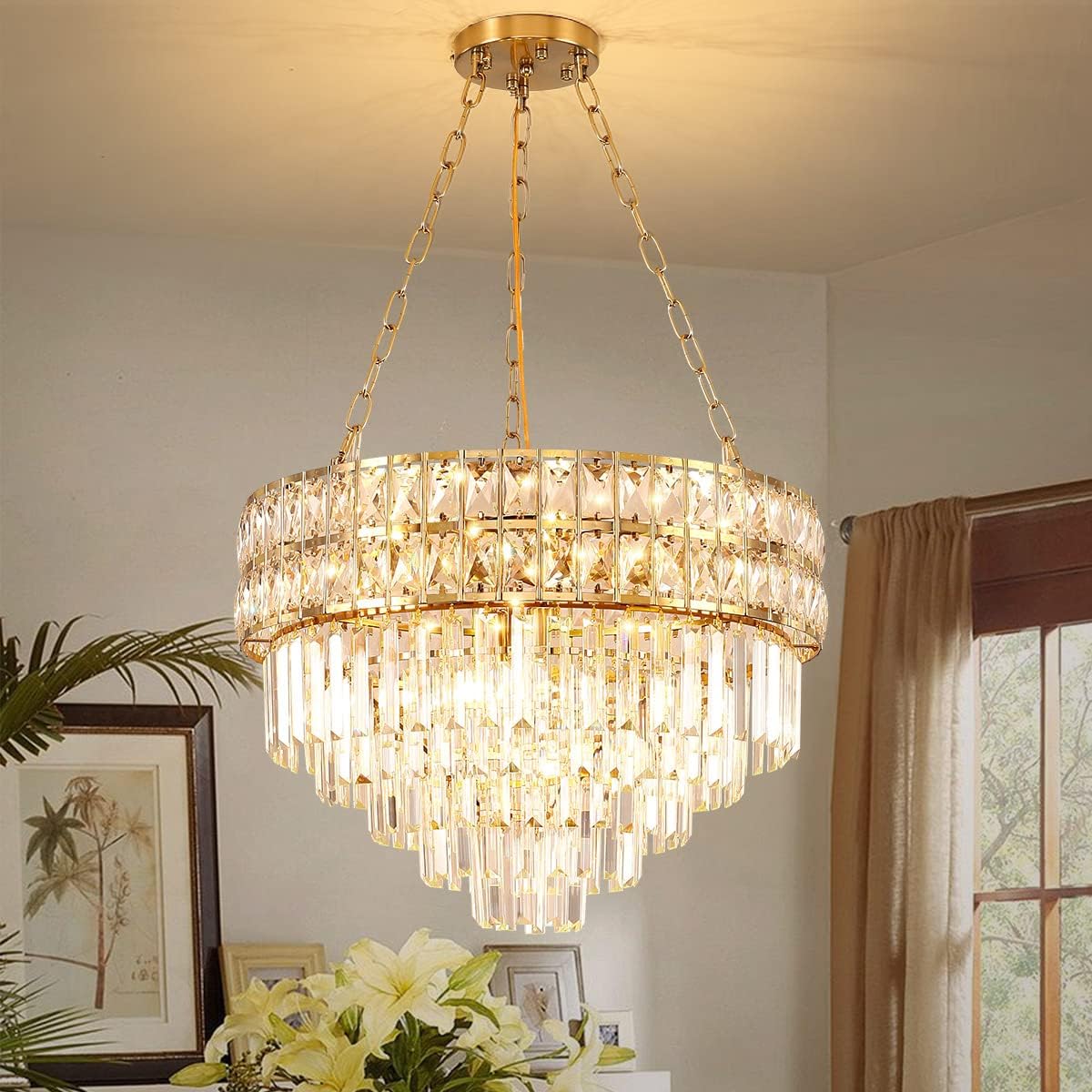 AOOCHOK Modern Crystal Chandelier Gold Finish Light Fixture, Round ...