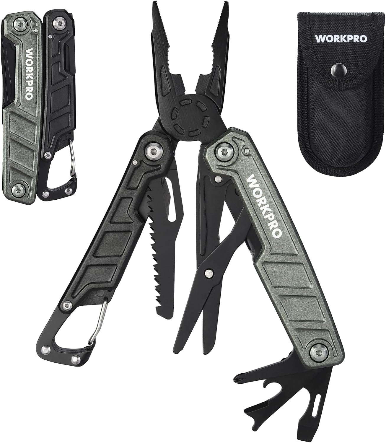 WORKPRO 11-in-1 Multi-Tool Pliers with Carabiner and Sheath, Stainless ...