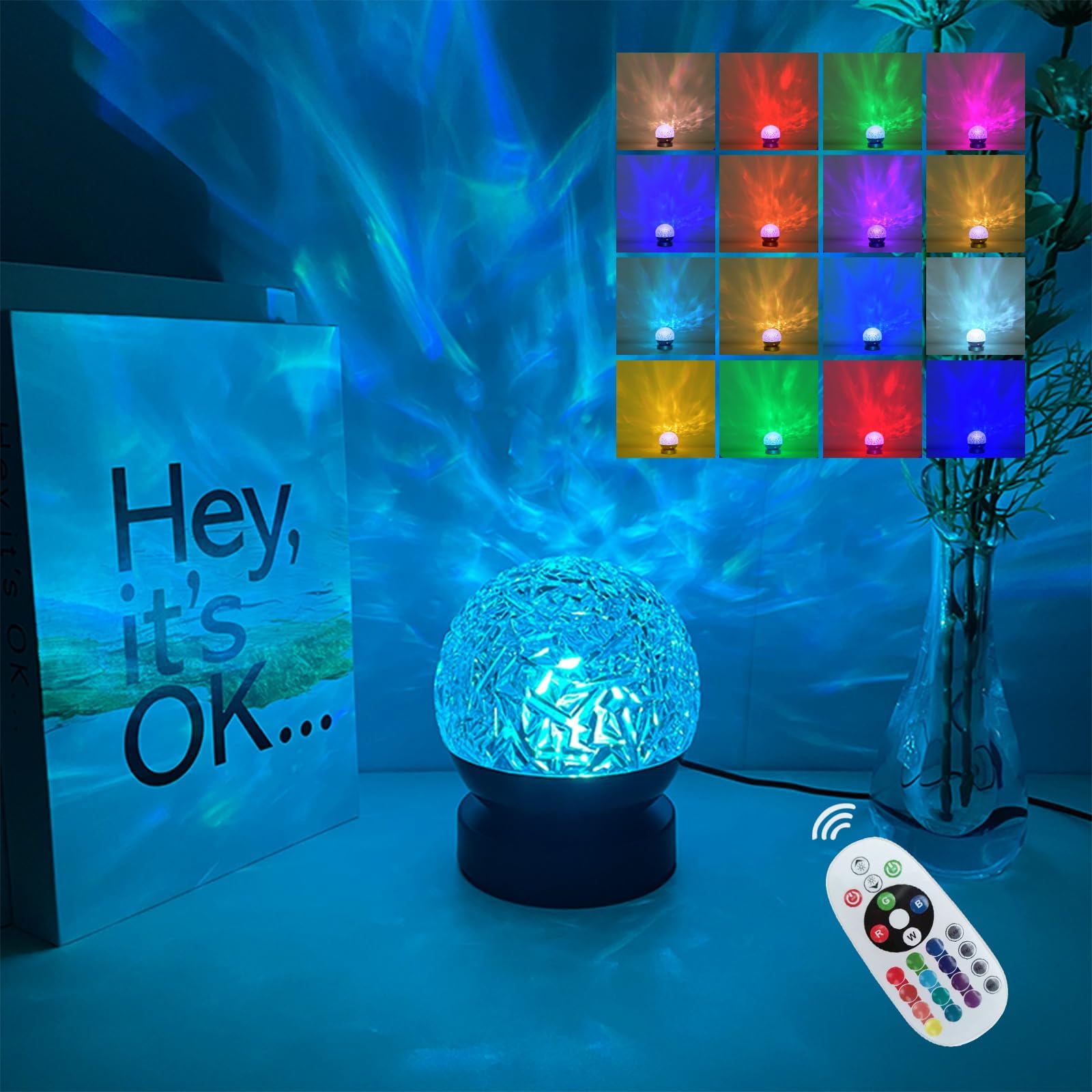 Yinhamnl Ocean Wave Cube Lamp, 16 Colors Rotating Flame Water Lamp ...