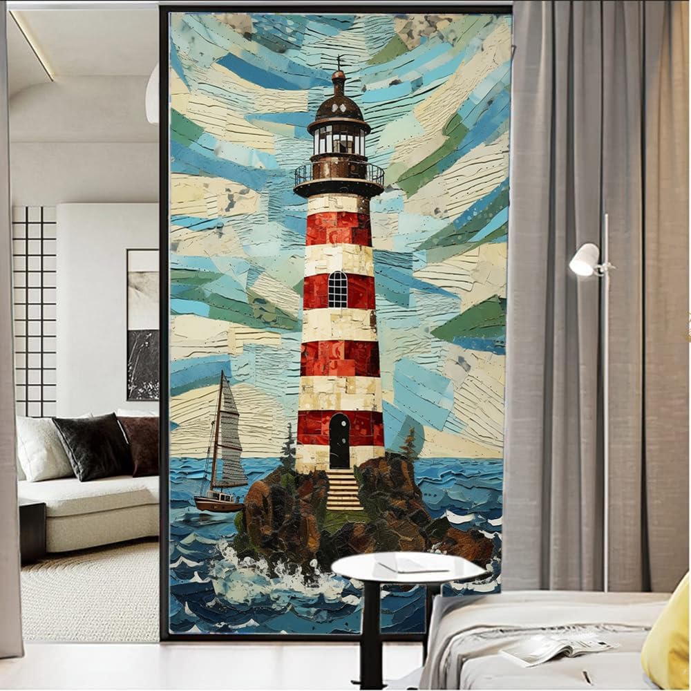 Amazon.com: Red Striped Lighthouse Window Privacy Film Vintage Boat ...