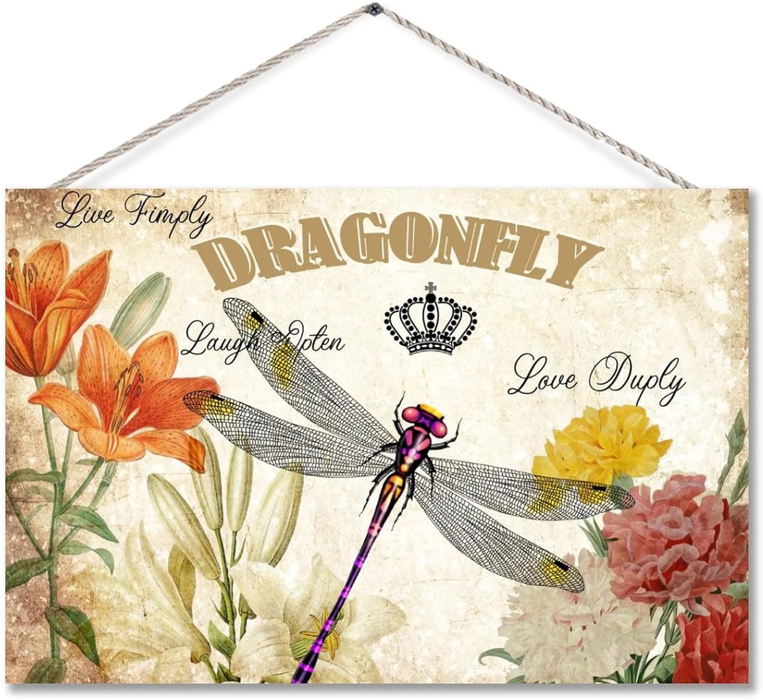 Amazon.com: Vintage Flowers and Dragonfly Wood Hanging Sign Dragonfly ...