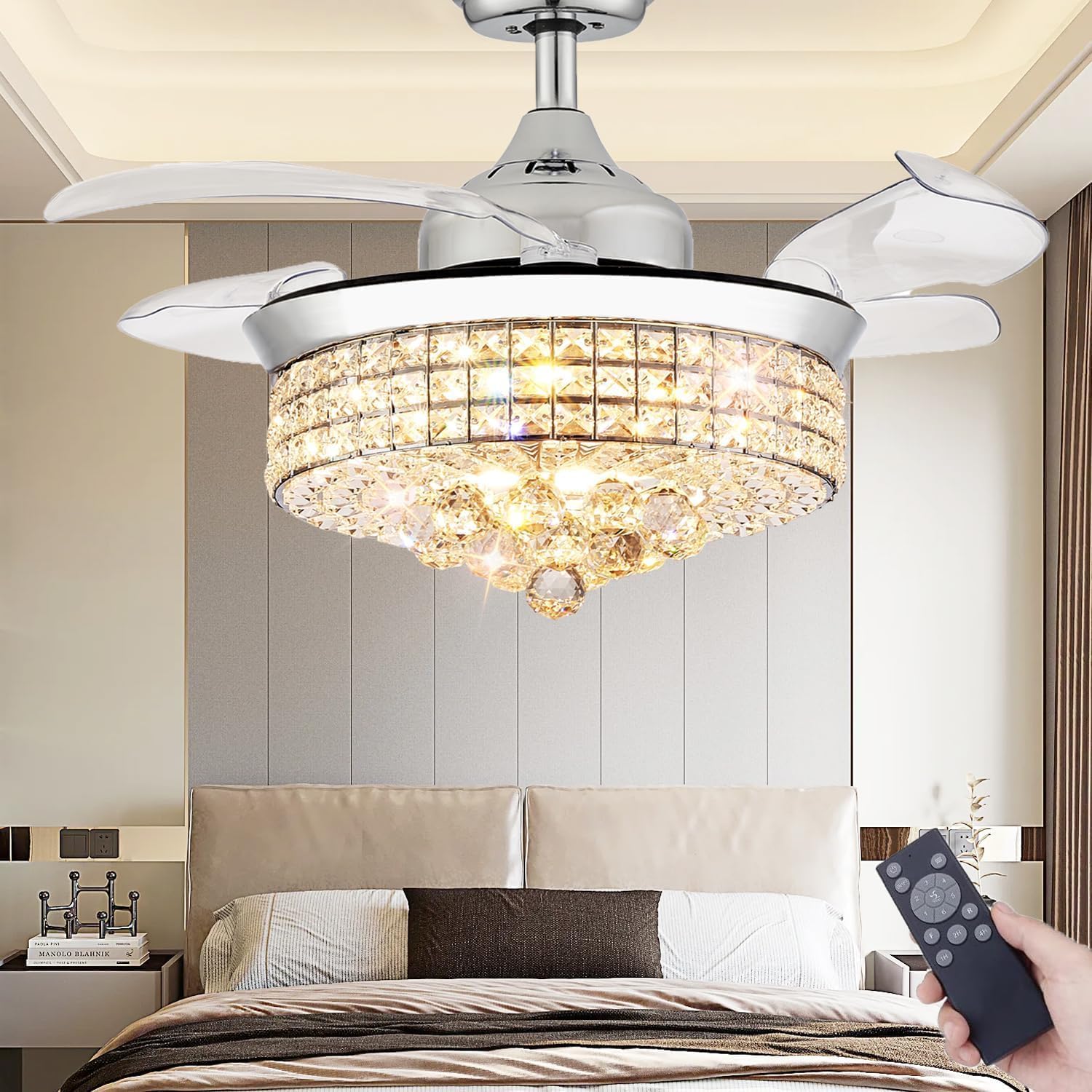 Trssdre 42" Crystal Ceiling Fan with Lights, Fandelier, Retractable ...
