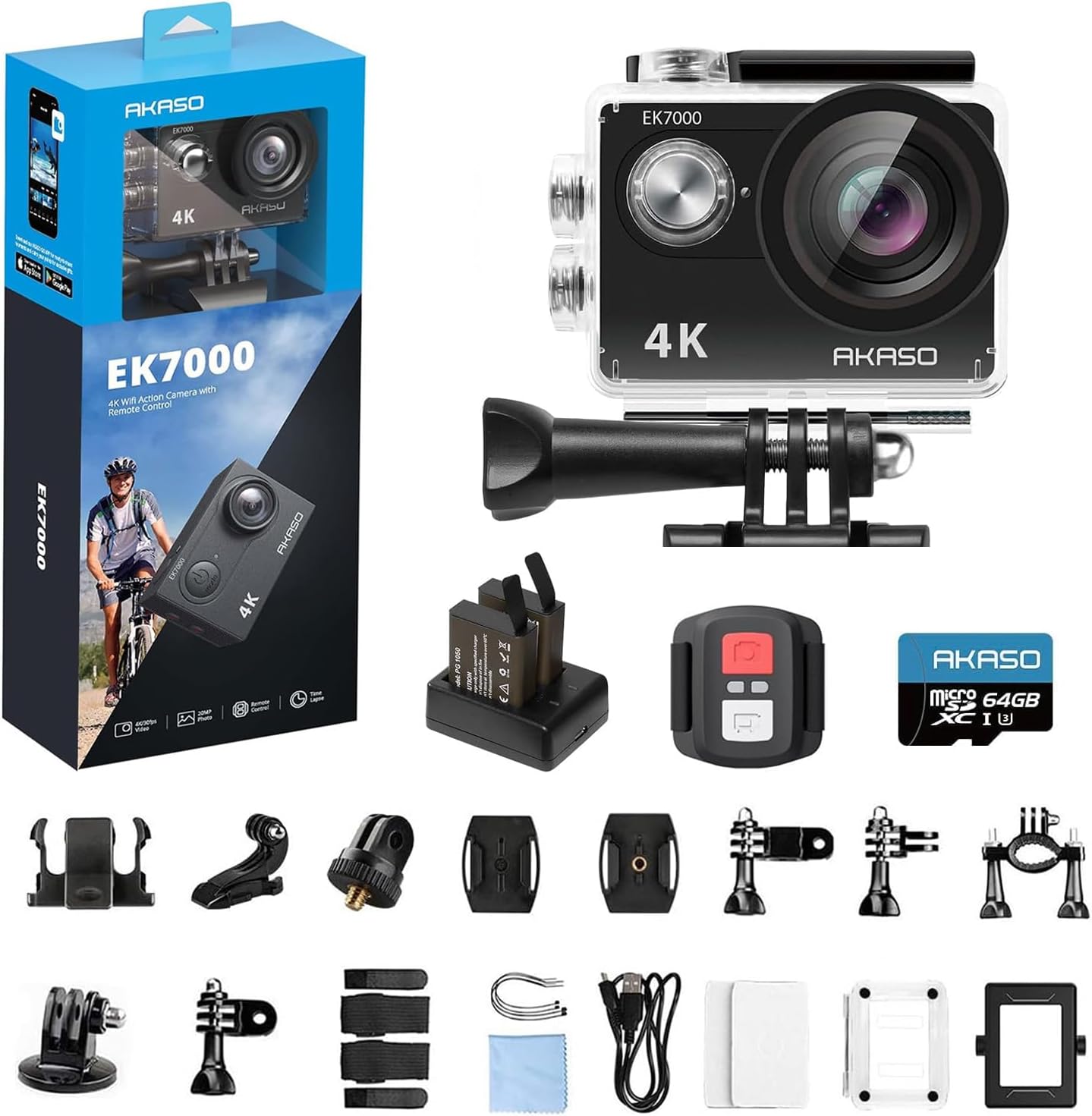 AKASO EK7000 4K30FPS 20MP Action Camera 98FT Waterproof Camera Ultra HD ...