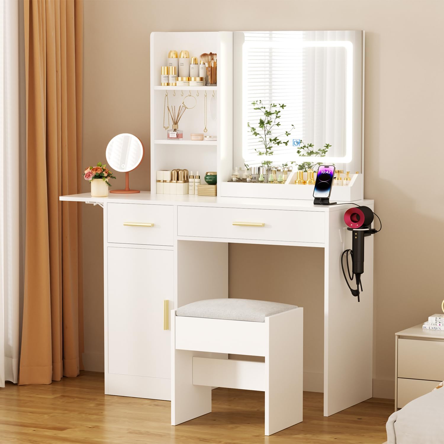 Amazon.com: coeztt Vanity Desk with Mirror and Lights & Extral Foldable ...