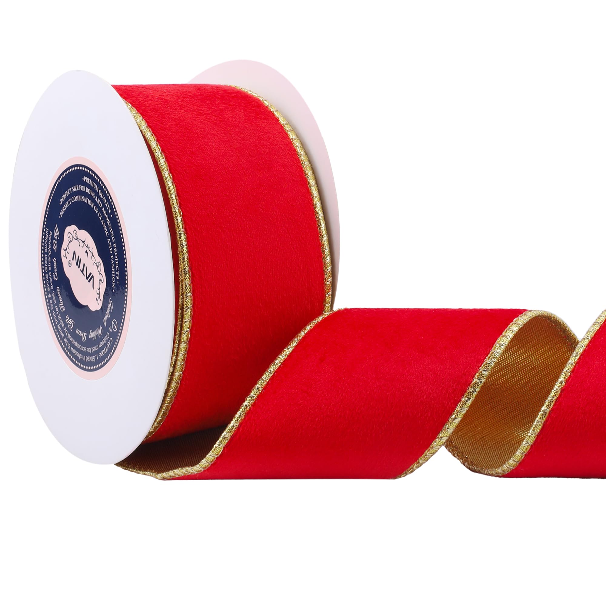 Amazon.com: VATIN Red Velvet Wired Ribbon 2.5" Metallic Red Gold Velvet ...