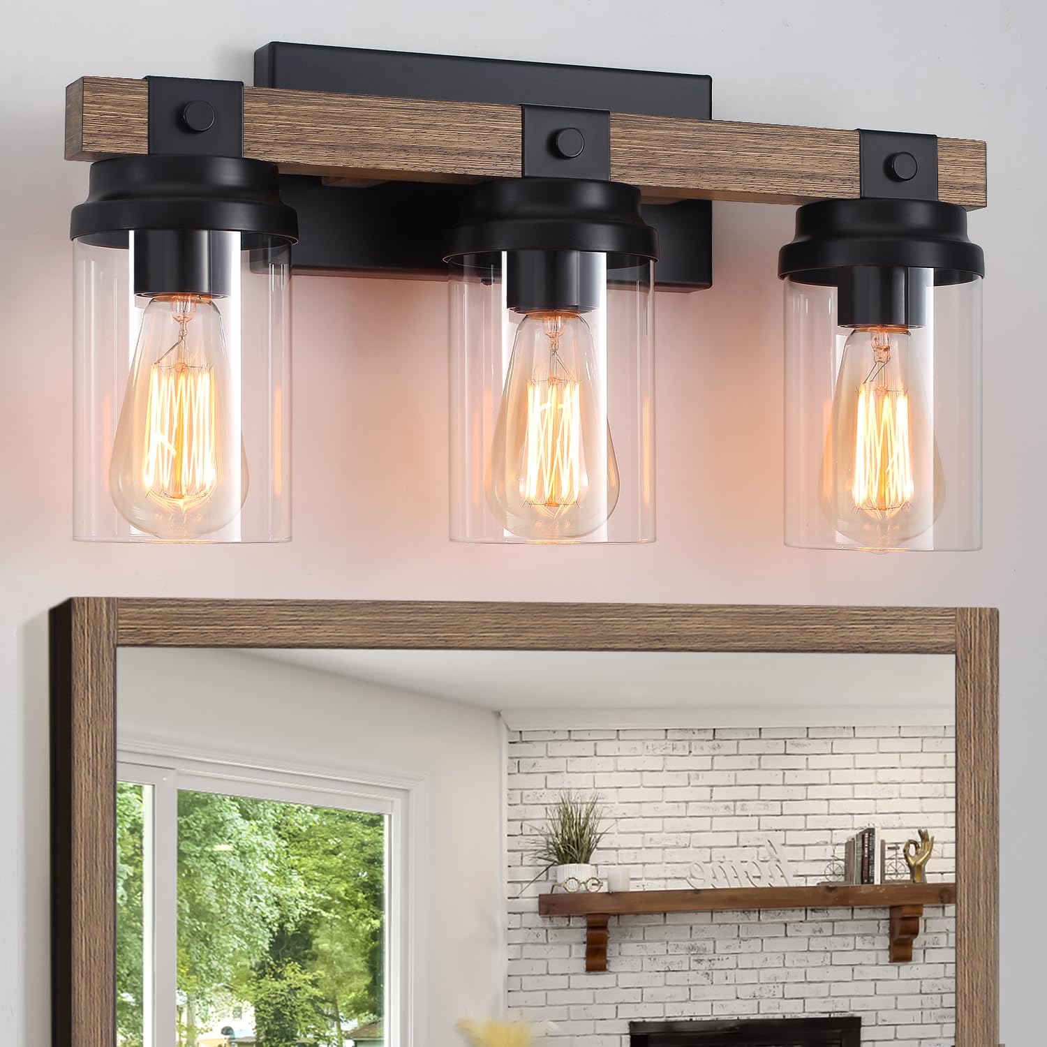 Wood Bathroom Vanity Light, 3-Lights Farmhouse Bathroom Light Over ...