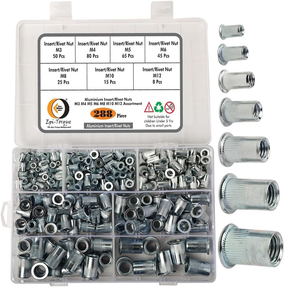 Epi-Torque 288 PCS Metric Rivet Nut Kit Zinc Plated Flat Head Knurled ...