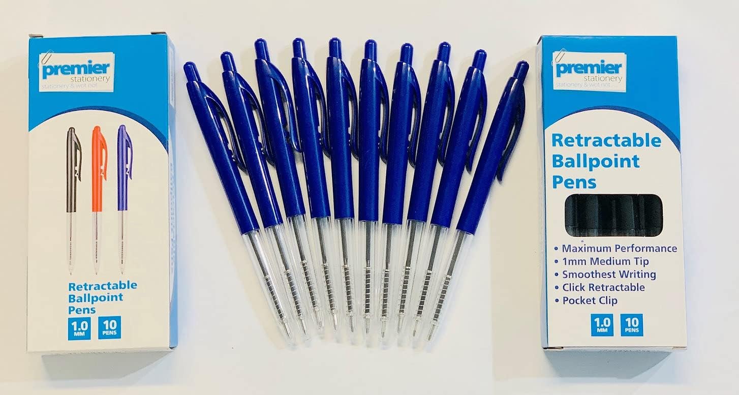 Premier Stationery Clic Retractable Ballpoint Pen, Blue - Box of 10. 1 ...