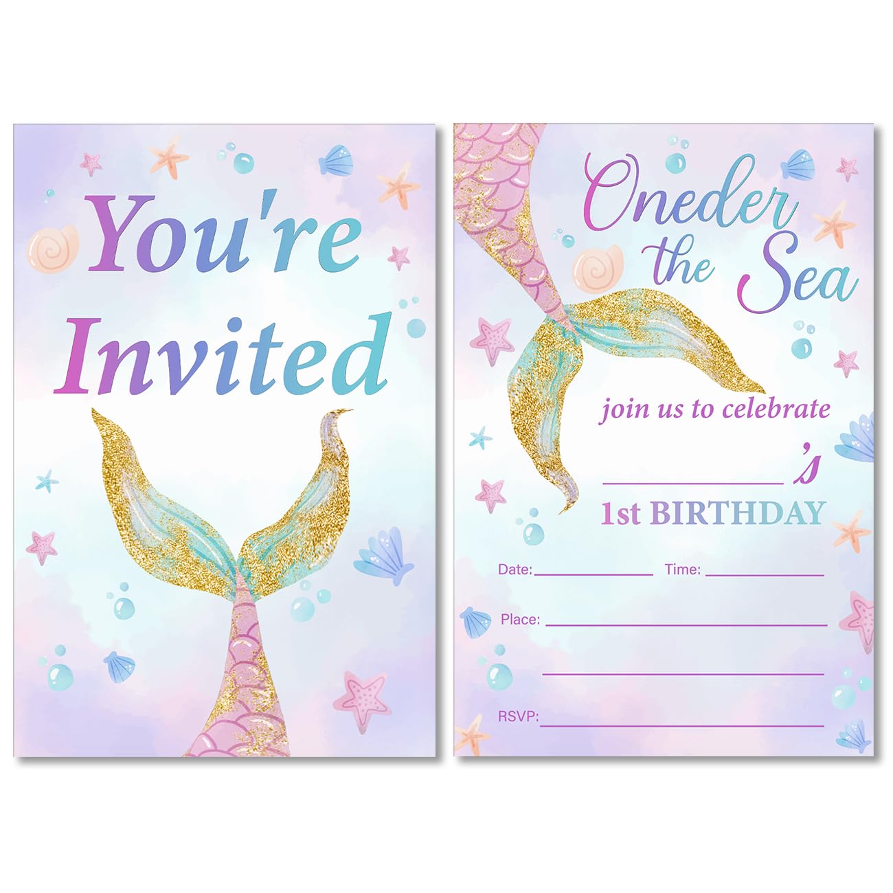 Amazon.com : Soiceu Oneder the Sea Mermaid First Birthday Invitations ...