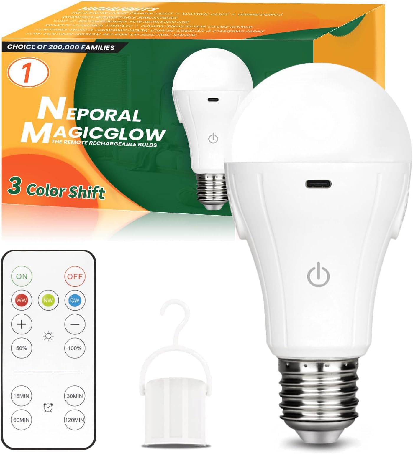 Neporal MagicGlow Rechargeable Light Bulbs with Remote, 3 Colors Shift ...