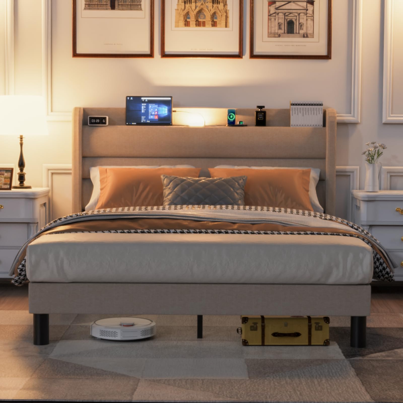 Amazon.com: Flolinda Queen Bed Frame with Charging Station, Type-C ...