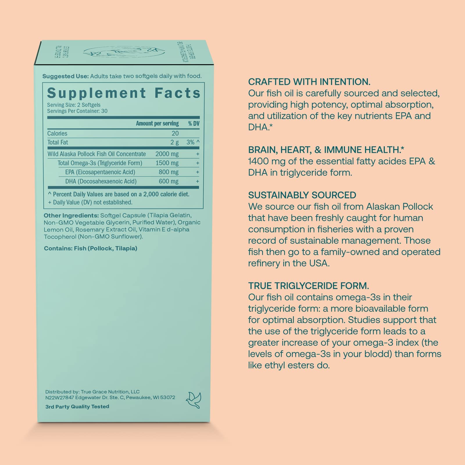 True Grace Omega-3 Fish Oil 2000mg Supplement Triglyceride Form Highly ...