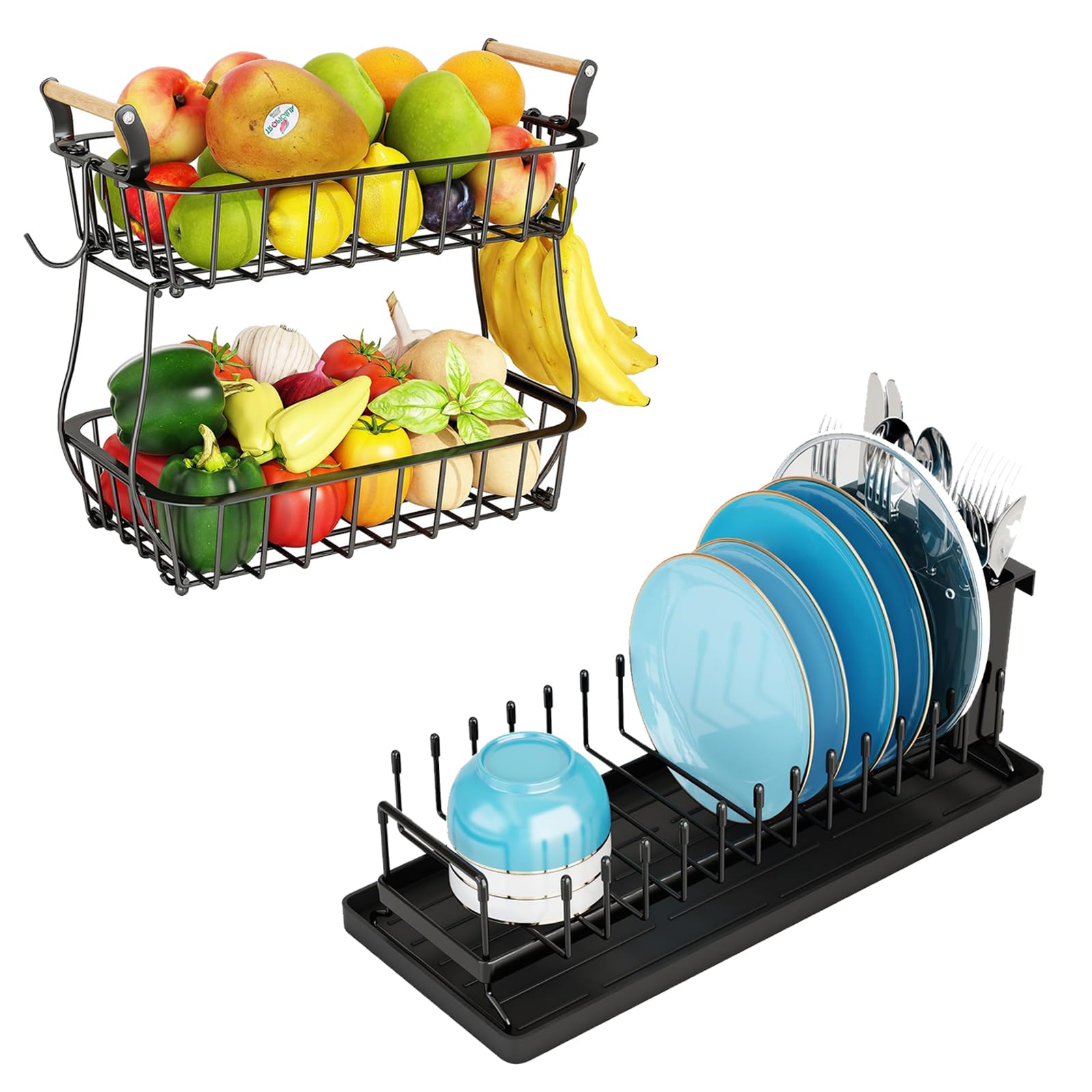 Amazon.com: ANTOPY 2 Tier Fruit Basket with 2 Banana Hangers & Dish ...