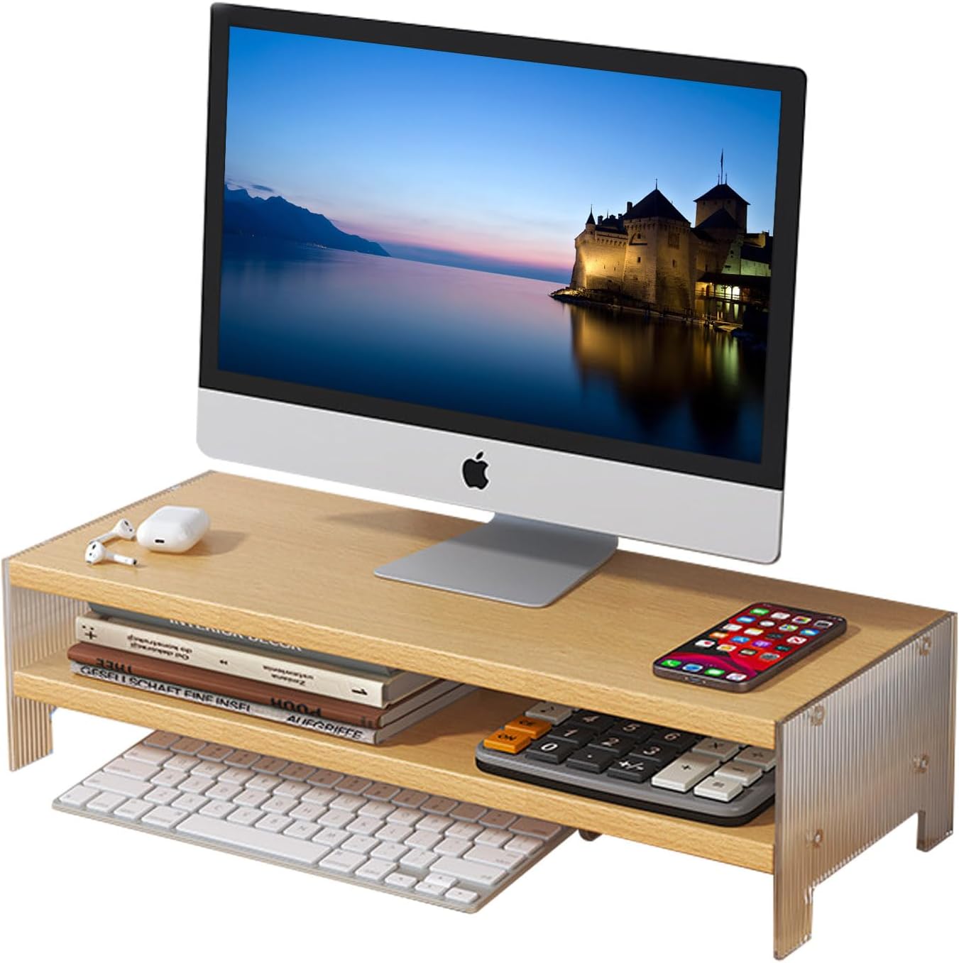 Amazon.com: KUHEITAER Monitor Stand, Clear Monitor Riser, 2 Tier Wood ...