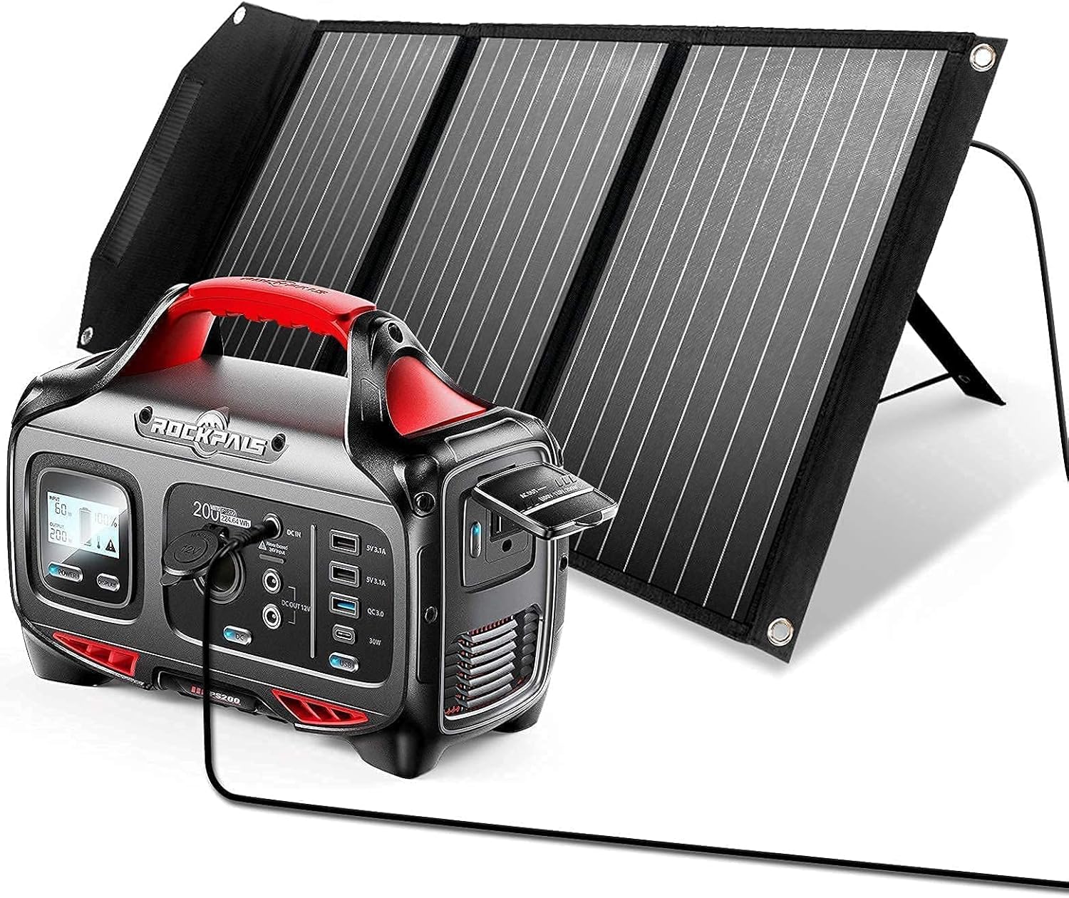 Amazon.com : ROCKPALS 200W Portable Power Station RP081 60W Foldable Solar Panel Charger for ...