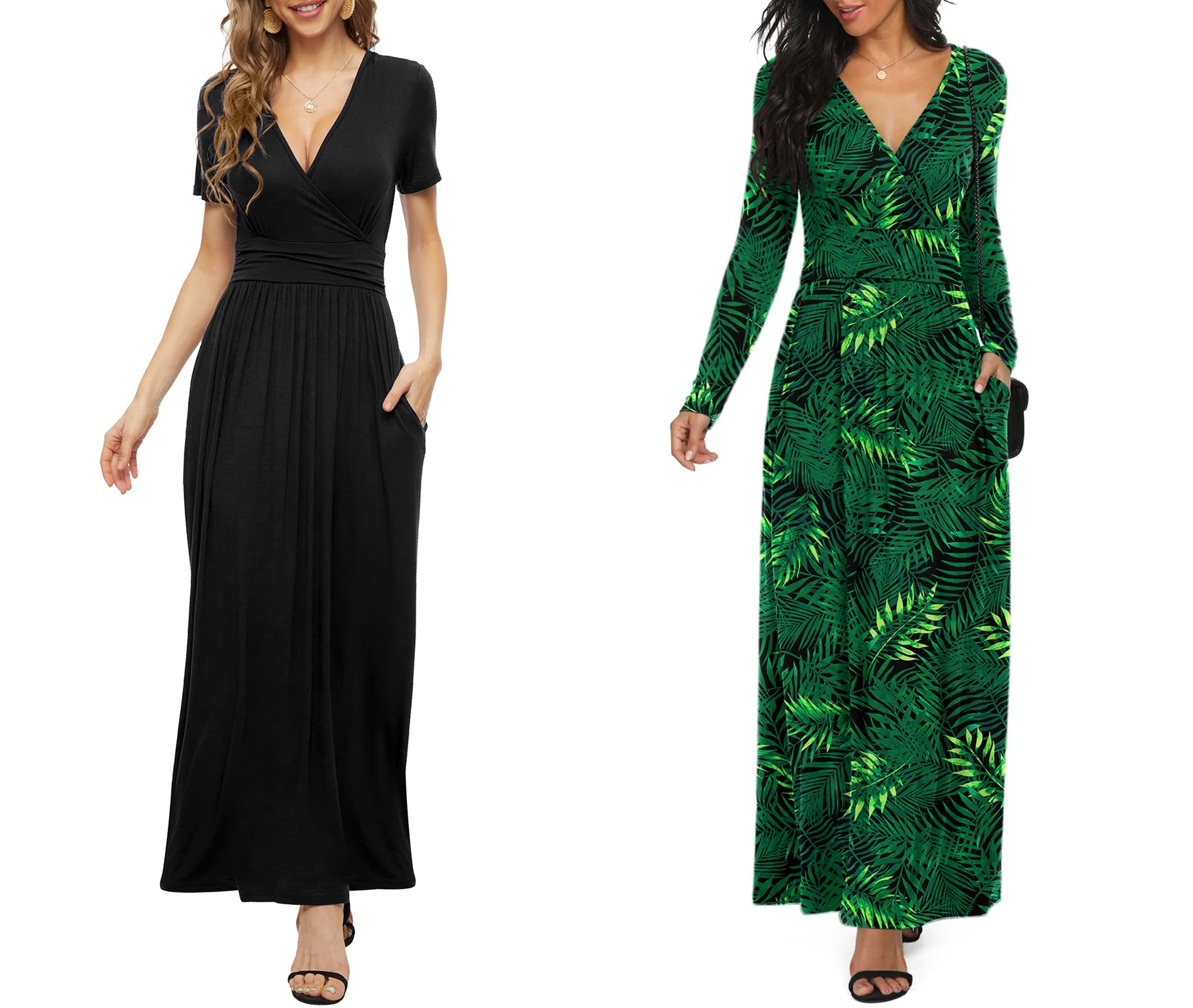 Amazon.com: LILBETTER Black Summer Deep V Neck Maxi Dresses with Floral ...