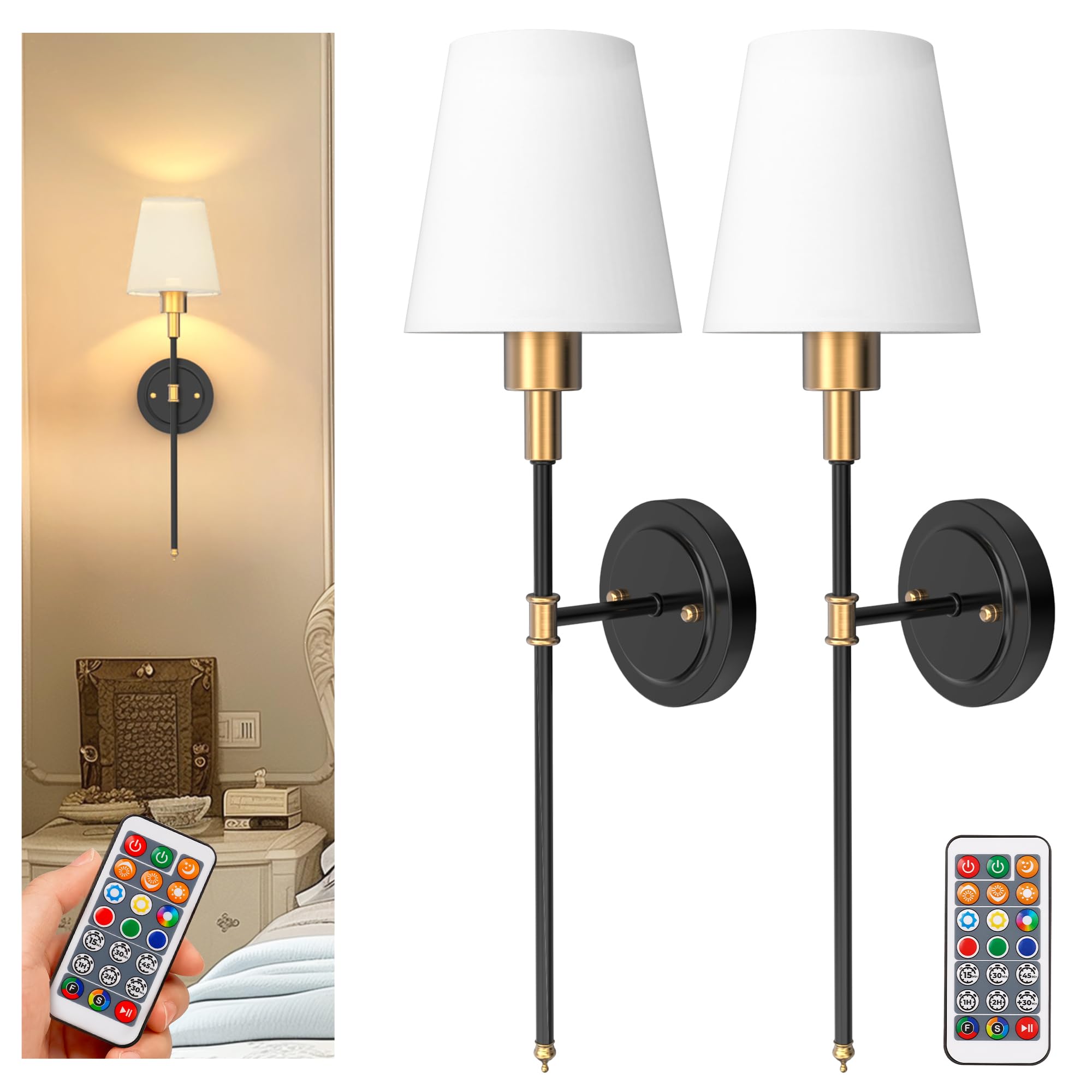 DORESshop Battery Operated Wall Sconce Set of 2, Wireless Wall Light ...