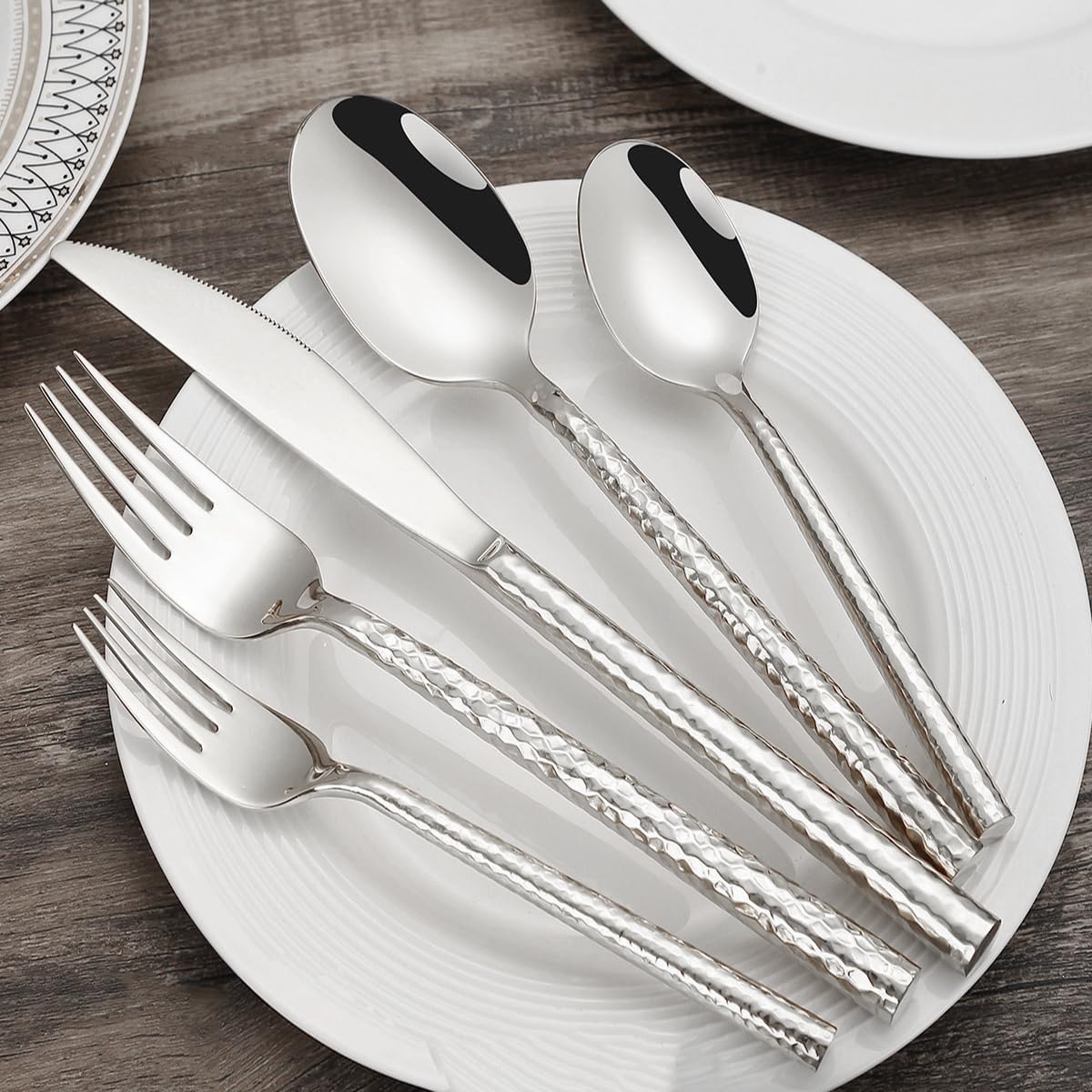 Amazon.com | Round Hammered Silverware Set for 4 Luxury Beautifully ...