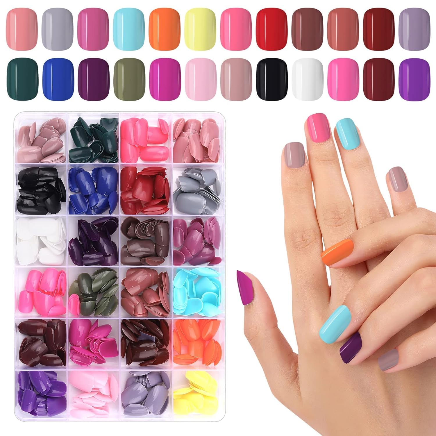 576 Pieces Colorful Short False Nails Round EBANKU Fake Nail Full Cover ...