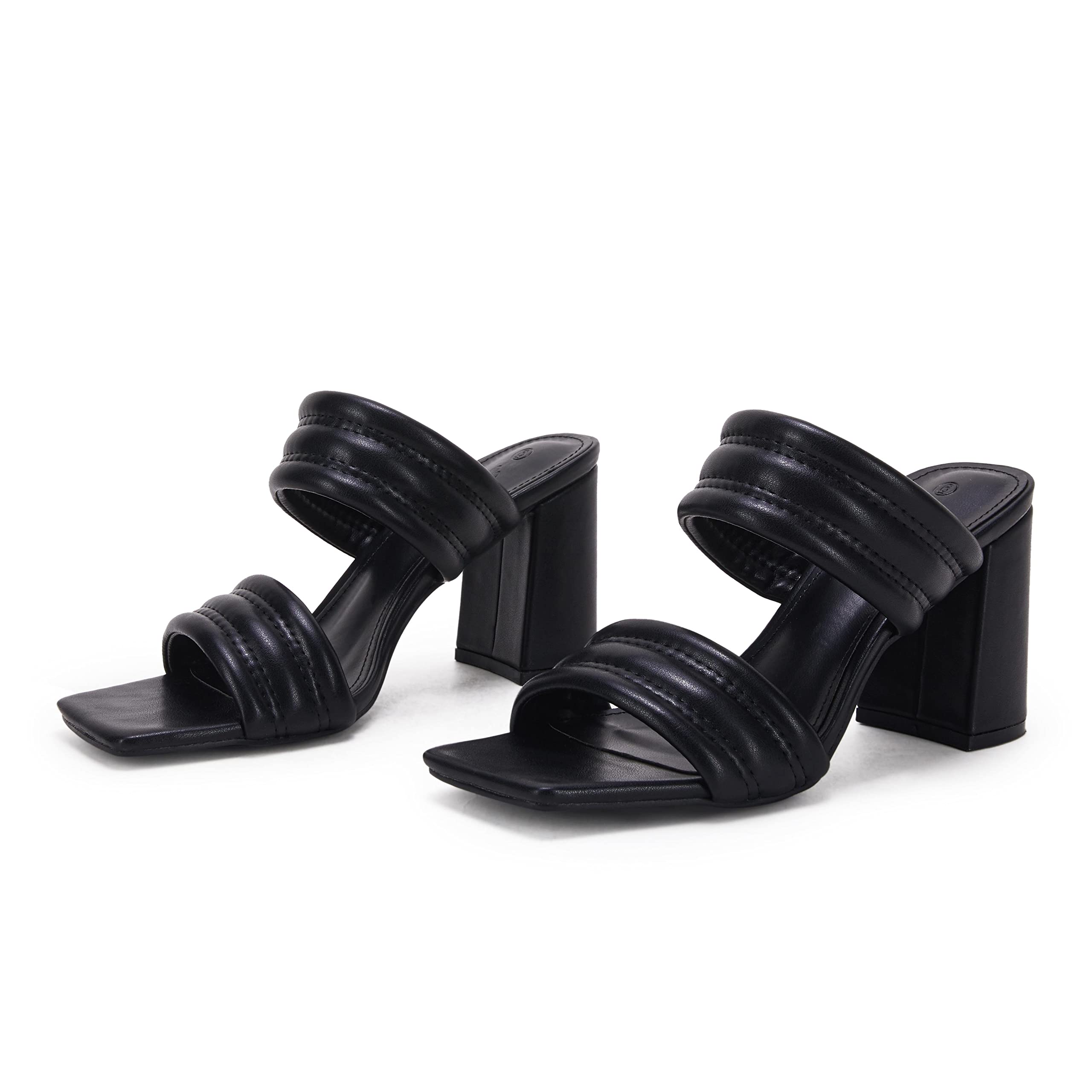 Womens Chunky Block Heeled Sandals Two Strap High Heels Square Open Toe ...