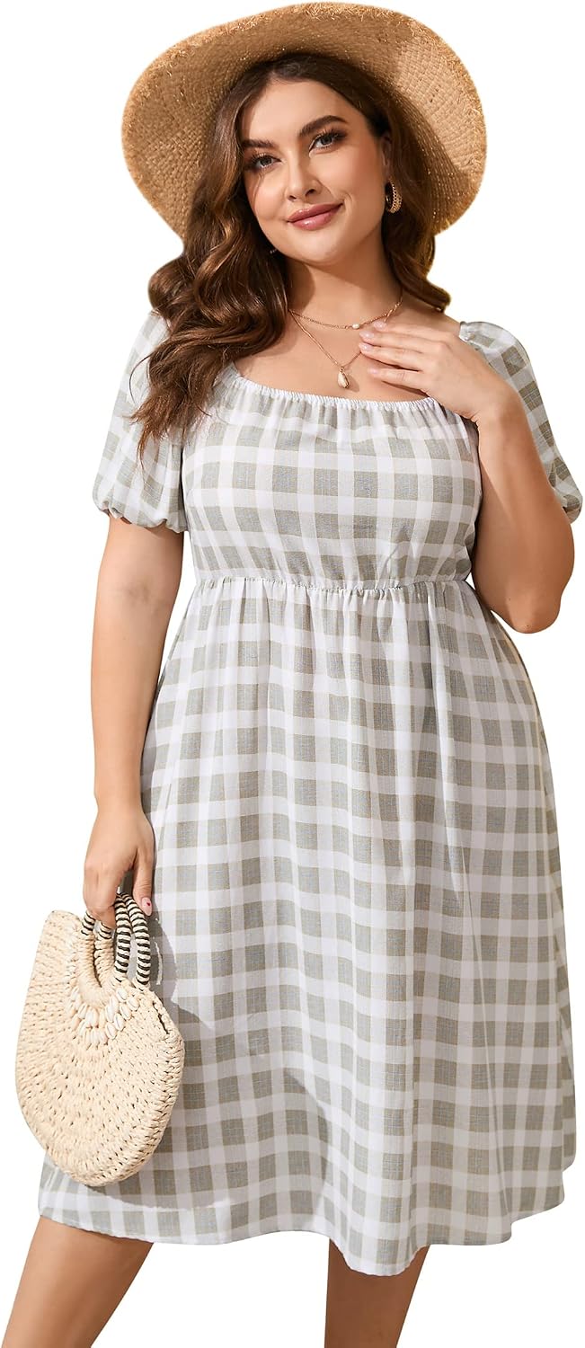 ShopWonder Women’s Plus Size Plaid Puff Sleeve Dress Square Neck Summer ...