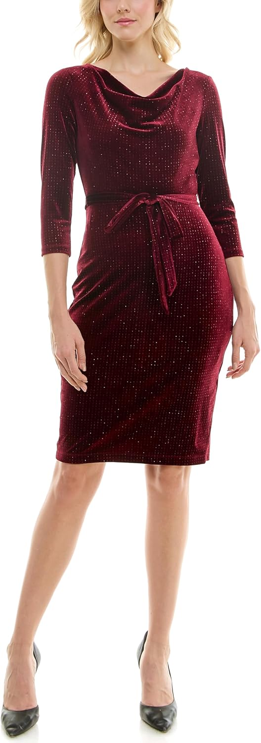 Amazon.com: Maison Tara Women's Drape Neck Belted Velvet Sheath, Wine ...