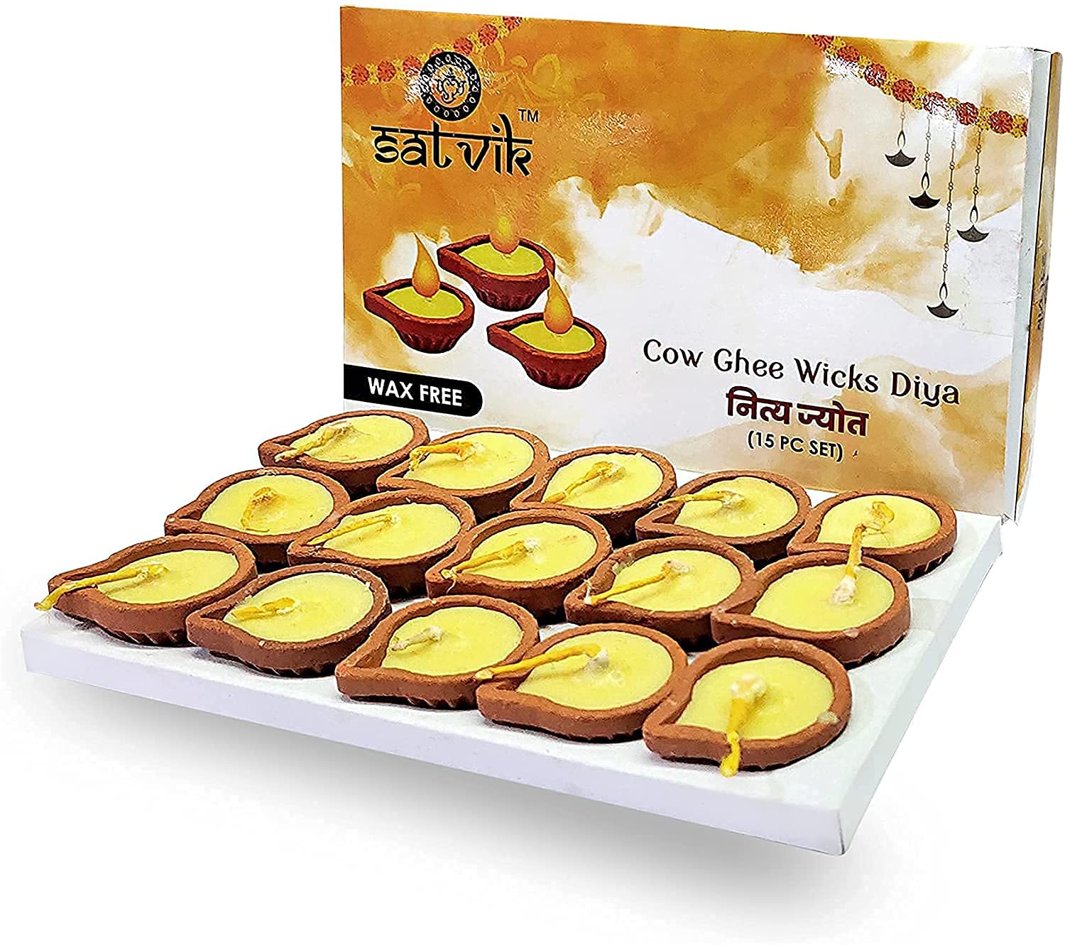 SATVIK 30 Pc Nitya Pujan Cow Ghee Wicks in Mitti Diya Set. Made of Pure ...