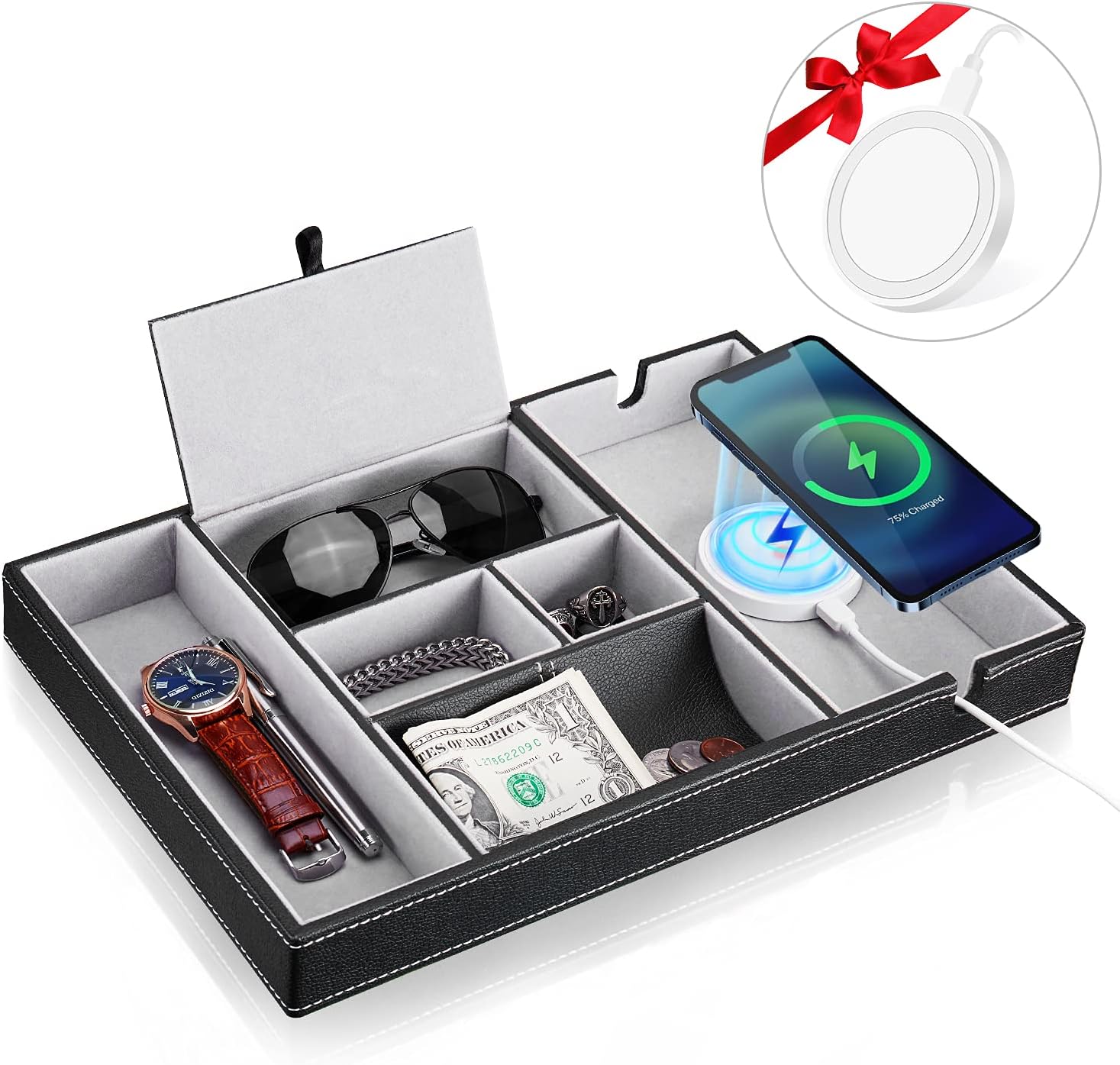Baoyun Mens Valet Tray with Wireless Charger, Ninghtstand Organizer Box ...