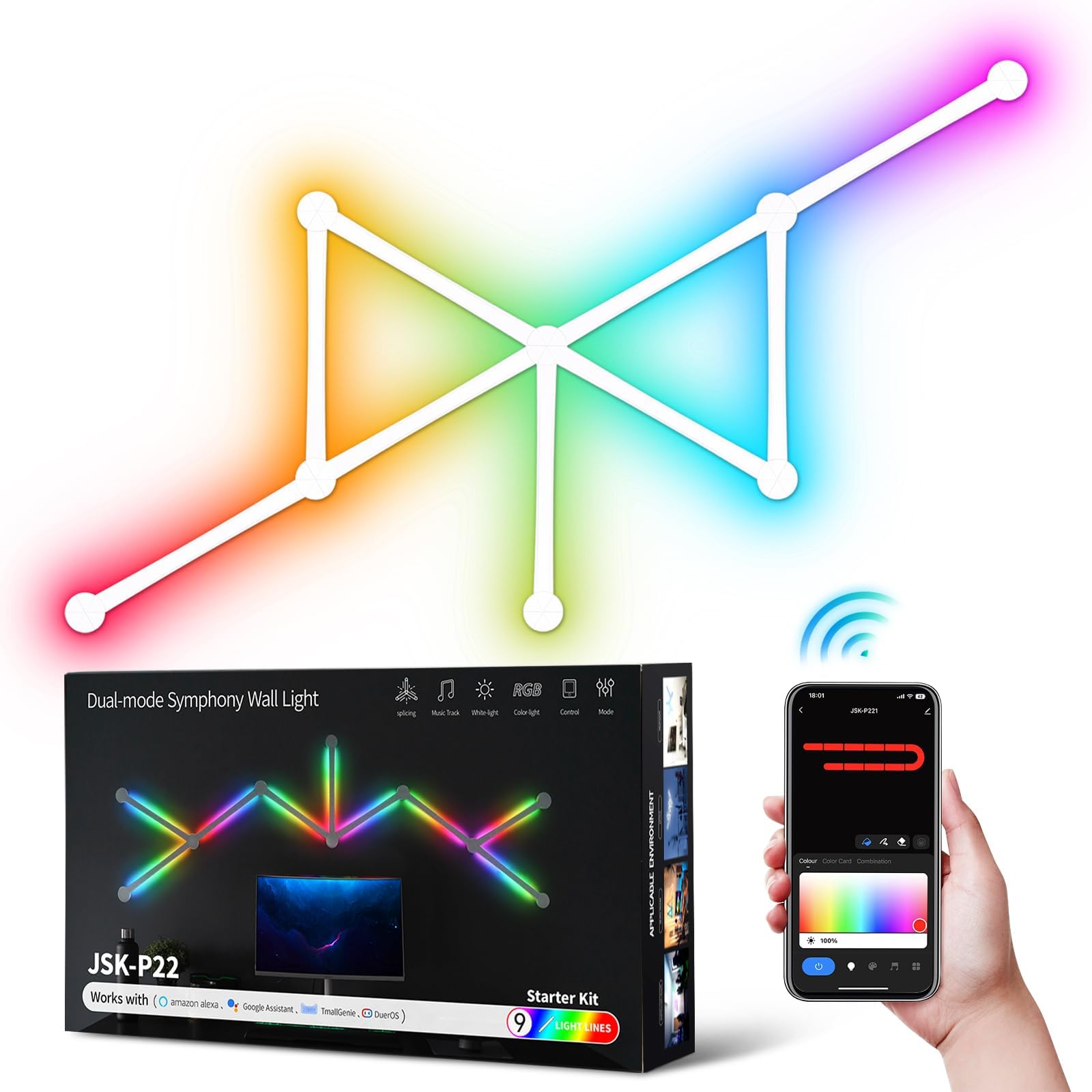HIUKCOLED Wi-Fi RGB Smart LED Gaming Light lines, Music Sync Home Wall ...