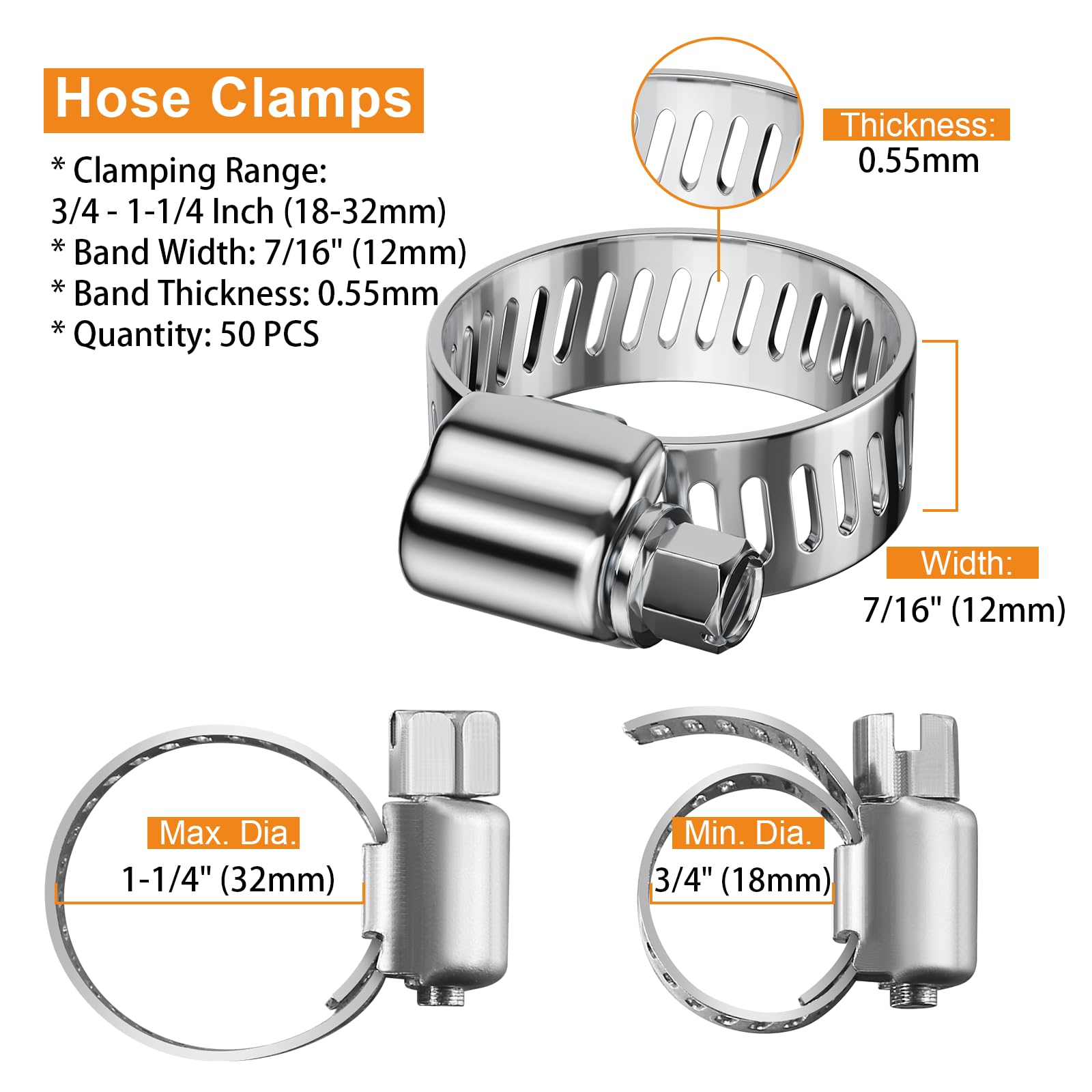 Snapklik.com : 50pcs Hose Clamp, 3/4 1-1/4 Inch Stainless Steel Hose ...