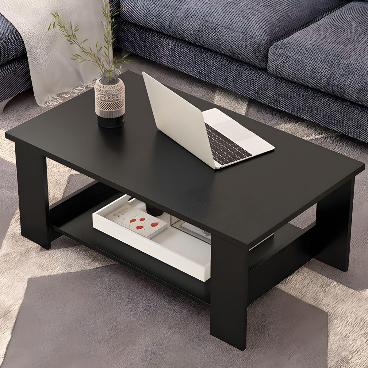 Mesa de centro rectangular moderna con estante de almacenamiento y 4 patas de madera, mesa ...