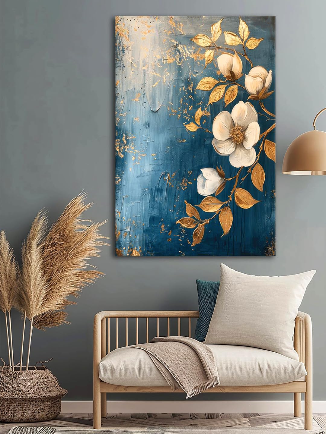 999STORE Golden and White Floral Canvas Art on Blue Background ...