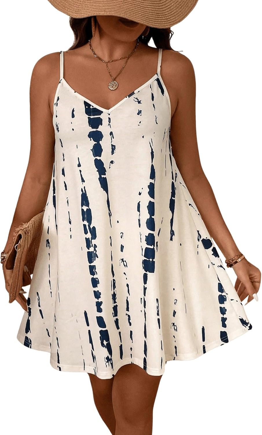 OYOANGLE Women's Plus Size Printed V Neck Cami Dress Spaghetti Strap ...