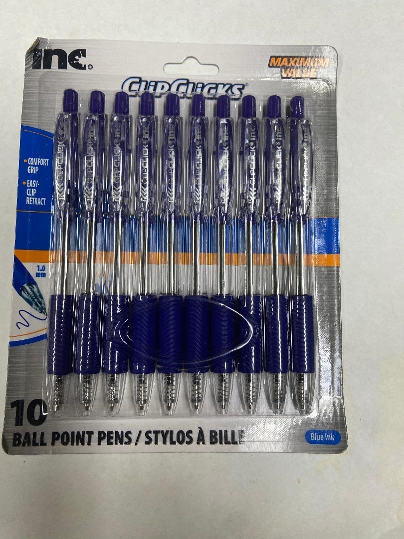 Amazon.com : INC Clip Clicks 10 Pack Ball Point Pens (blue Ink 1 mm ...