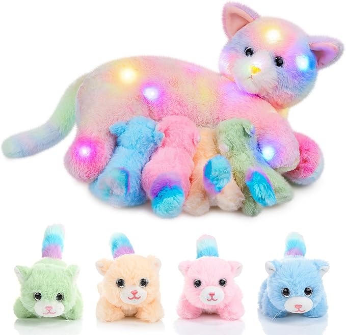 Amazon.com: Skylety Nurturing Cat Stuffed Animal with 4 Plush Kittens ...