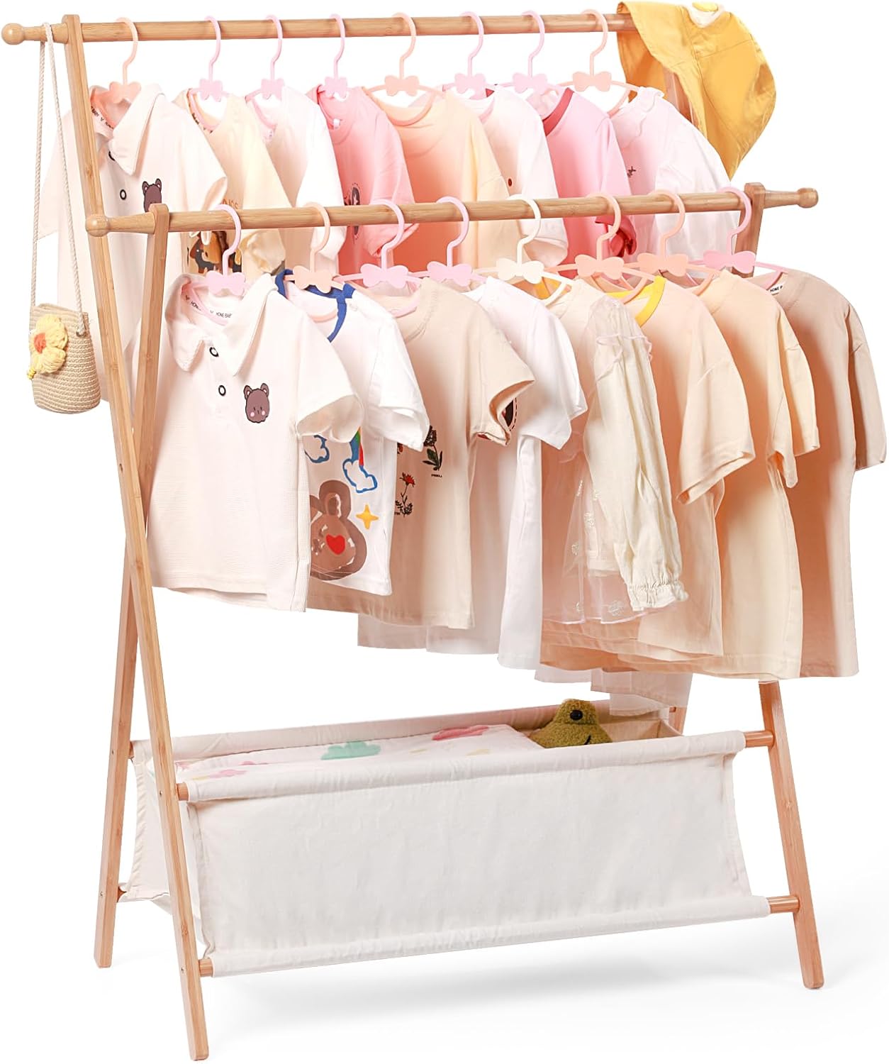 Amazon.com: Relquorax Bamboo Kids Clothing Rack with Dual Poles, Child ...