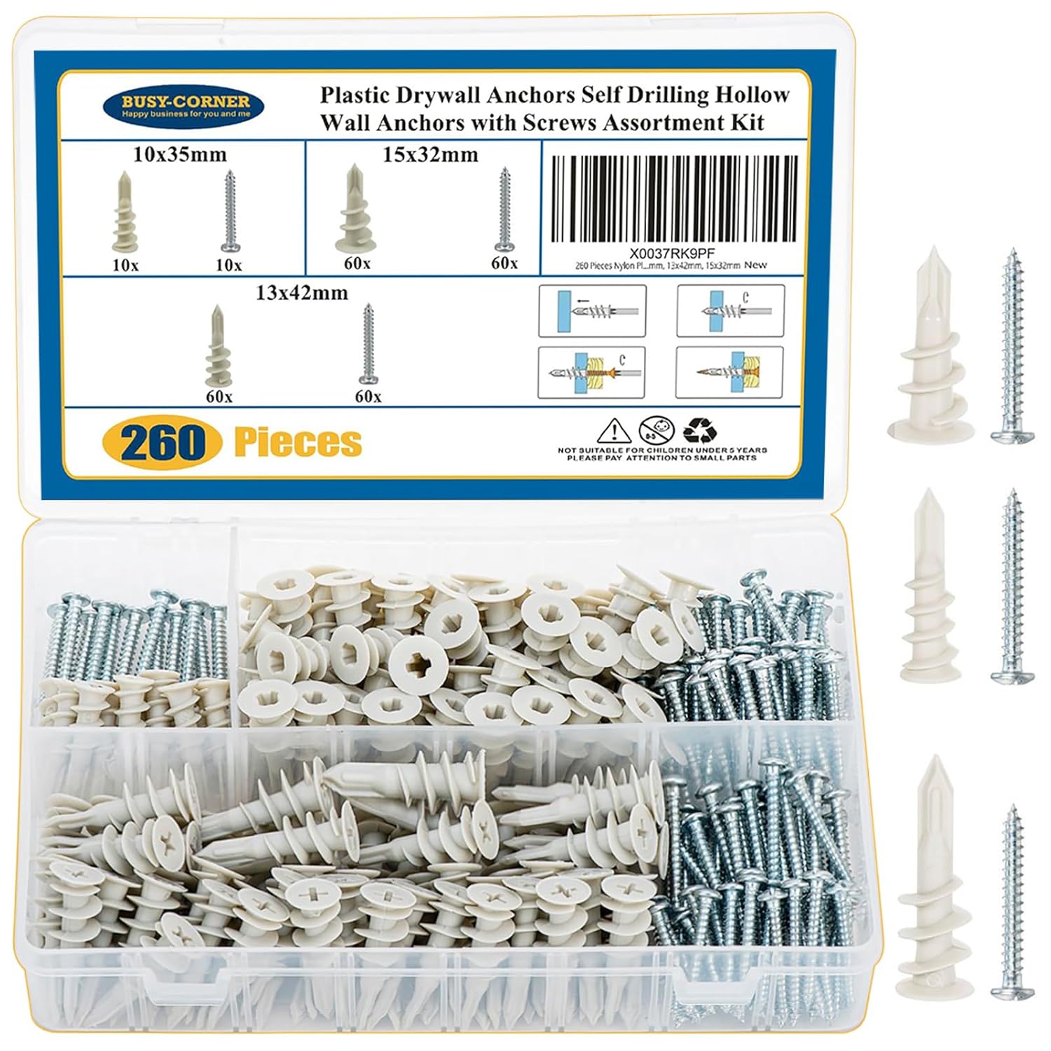 260 PCS Self Drilling Drywall Anchors, 3 Sizes Nylon Plastic Wall ...