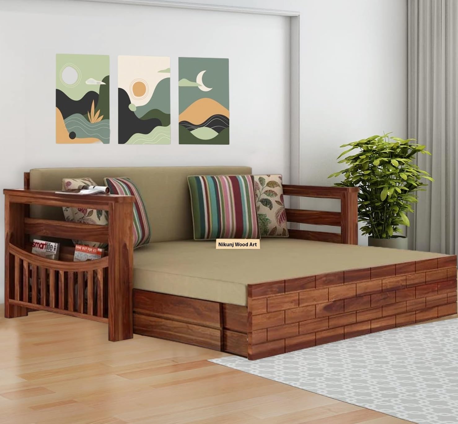 Nikunj Wooden Art Sheesham Wood 3 Seater Sofa Cum Bed with Storage Side ...