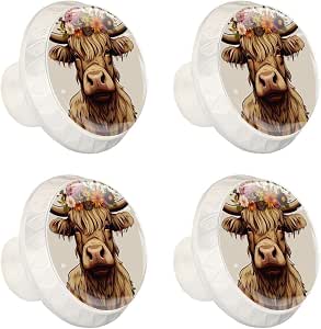 NEWzone 4 Pack Drawer Knobs Highland Cow Florals Cabinet Knobs Crystal ...