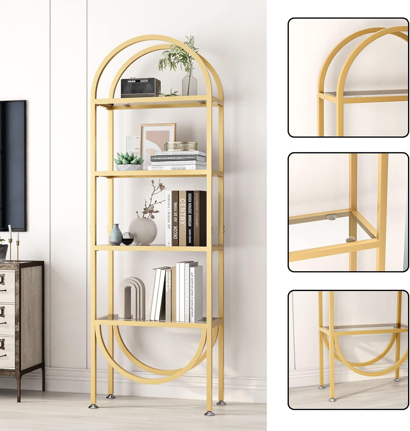 Freestanding Gold Bookshelves with Glass Shelves Storage, Modern Gold ...