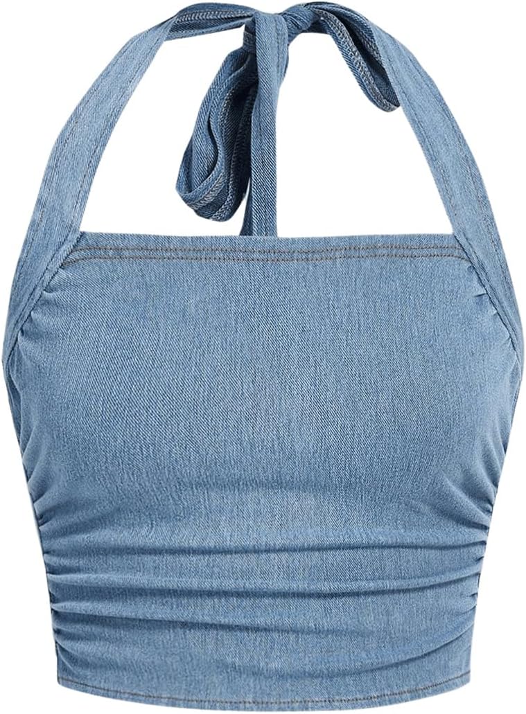 SweatyRocks Women's Zipper Back Ruched Halter Tie Neck Denim Crop Tank ...