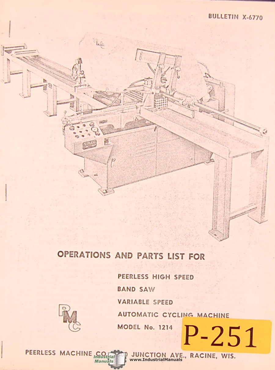 Peerless 1214, Band Saw, Operations and Parts List Manual: Peerless ...