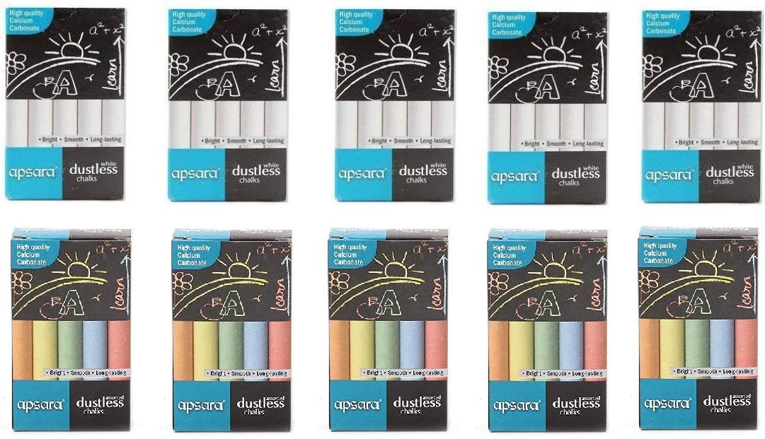 Apsara 50 Pieces Assorted Dustless Chalks and 50 Pieces White Dustless ...