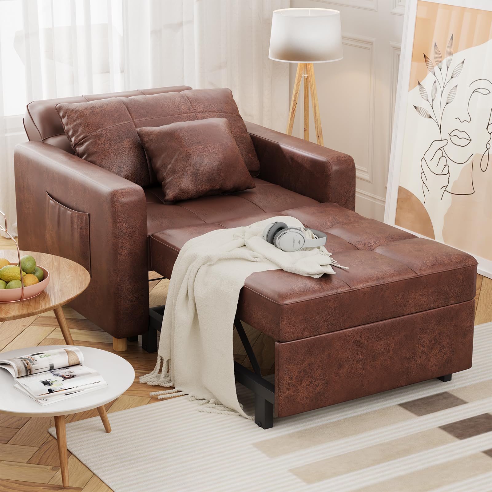 UNIONLINE Single Sofa Chair Brown 192cm, Sleeper Chair Bed Pull Out ...