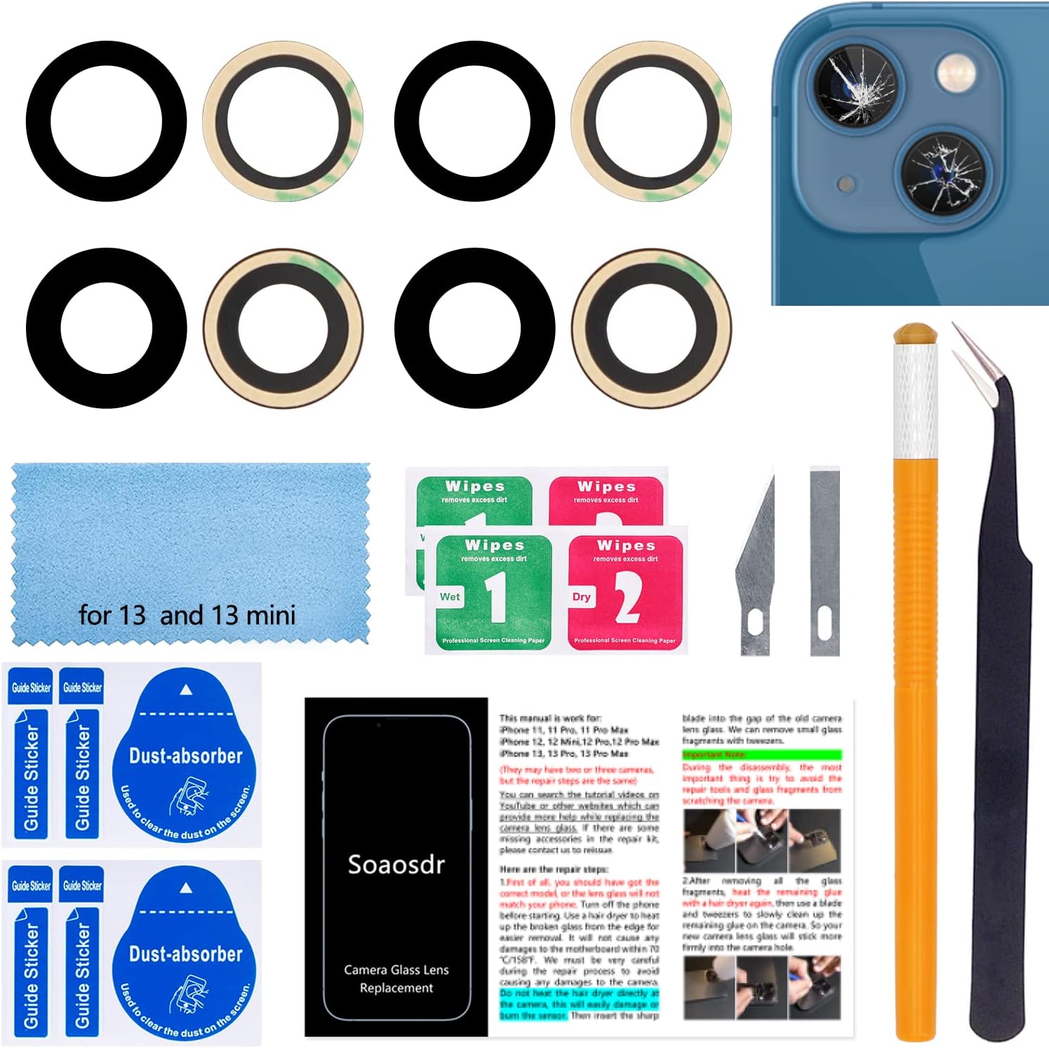 Amazon.com: 2PCS Soaosdr Back Rear Camera Lens Glass Replacement for ...