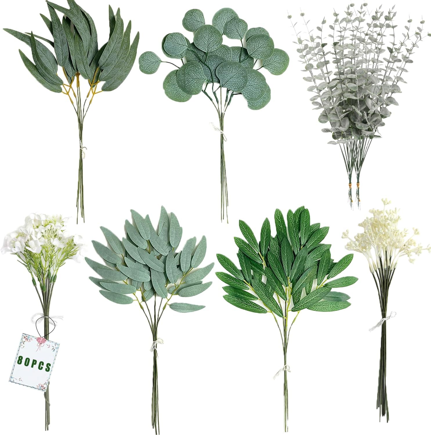 Amazon.com: JIYANMEI 80 Pcs Artificial Greenery Stems Box Set with 7 ...